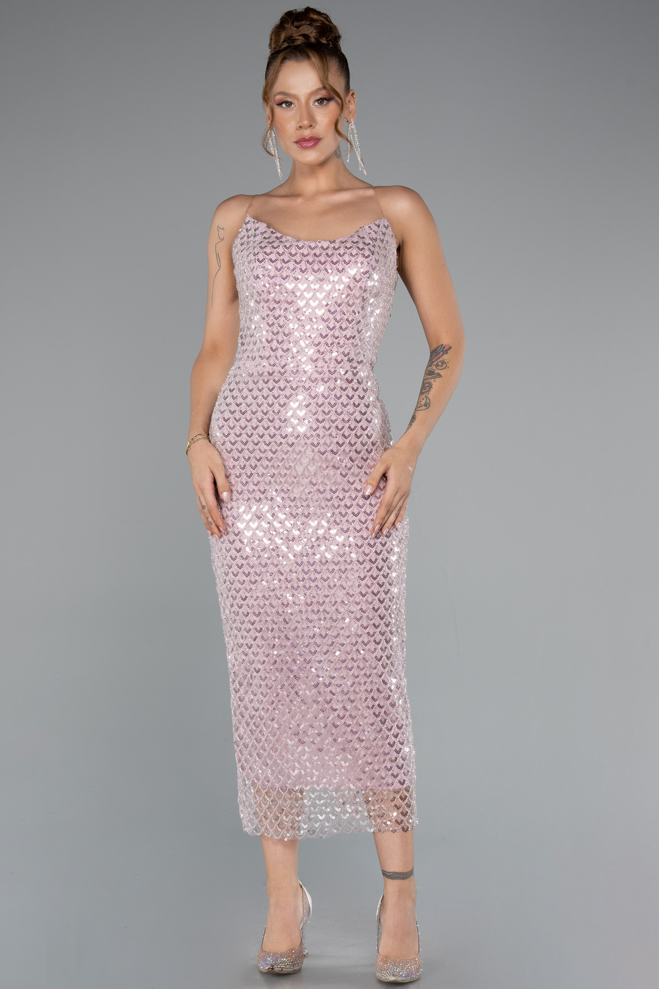 Pudra Straplez Midi Pullu Davet Elbisesi ABK2389 | Abiyefon.com